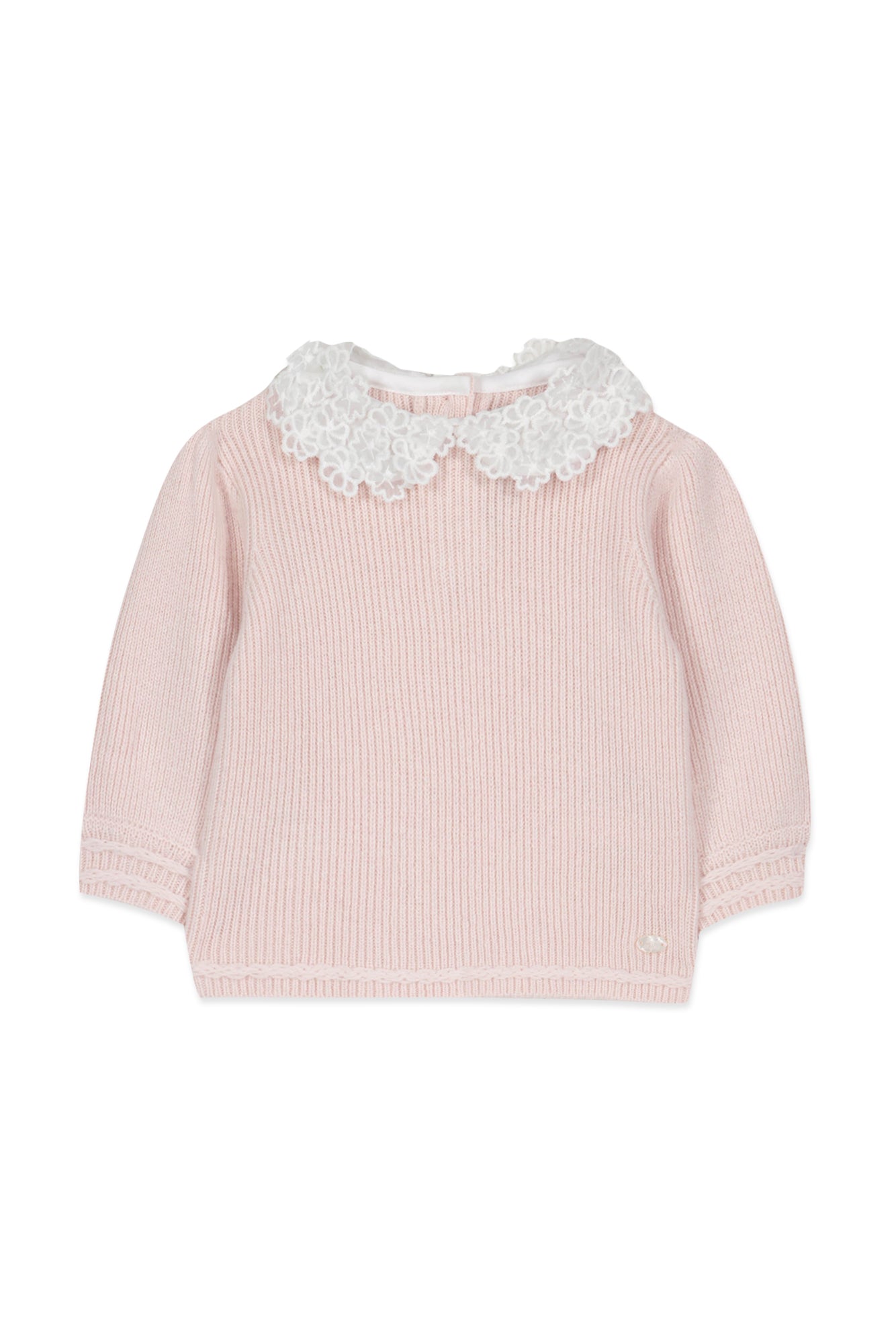 Pull - Rose pâle col galon broderie fille